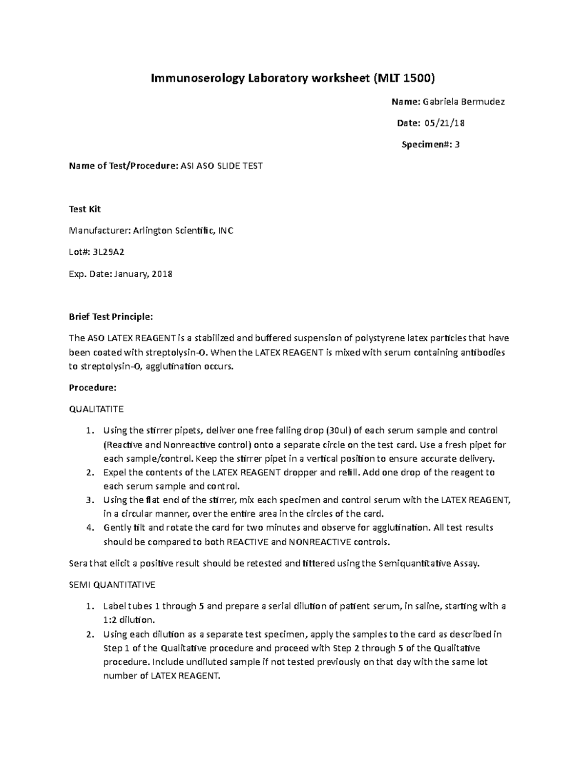 ASO report - Immunoserology Laboratory worksheet (MLT 1500) Name ...