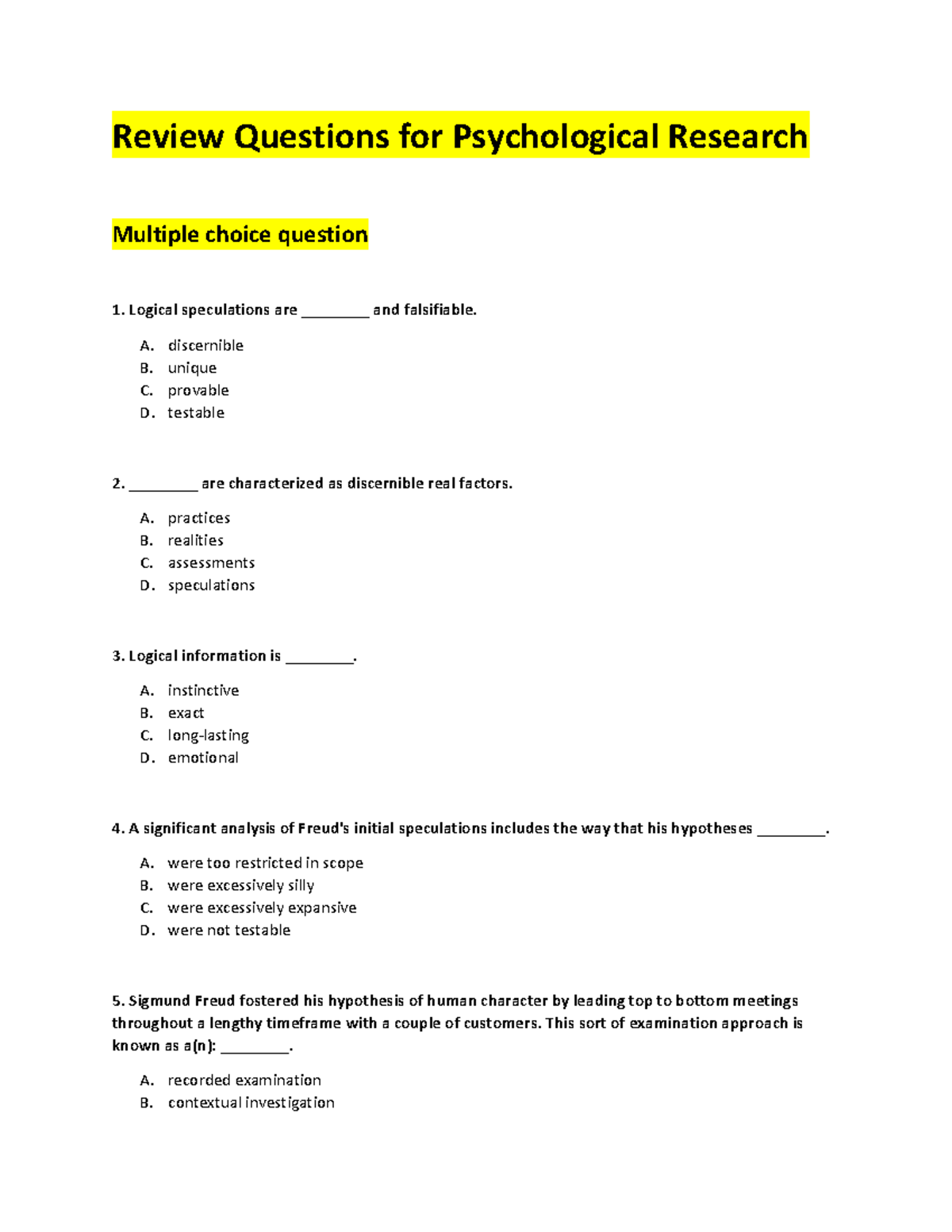 Review Questions for Psychological Research - Logical speculations are ...
