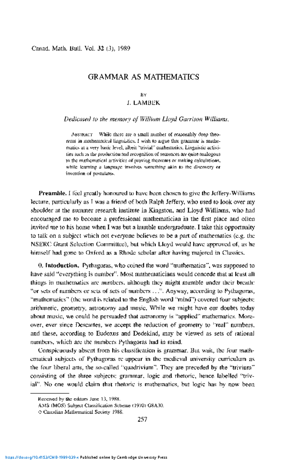 Grammar-as-mathematics - Canad. Math. Bull. Vol. 32 (3), 1989 GRAMMAR ...