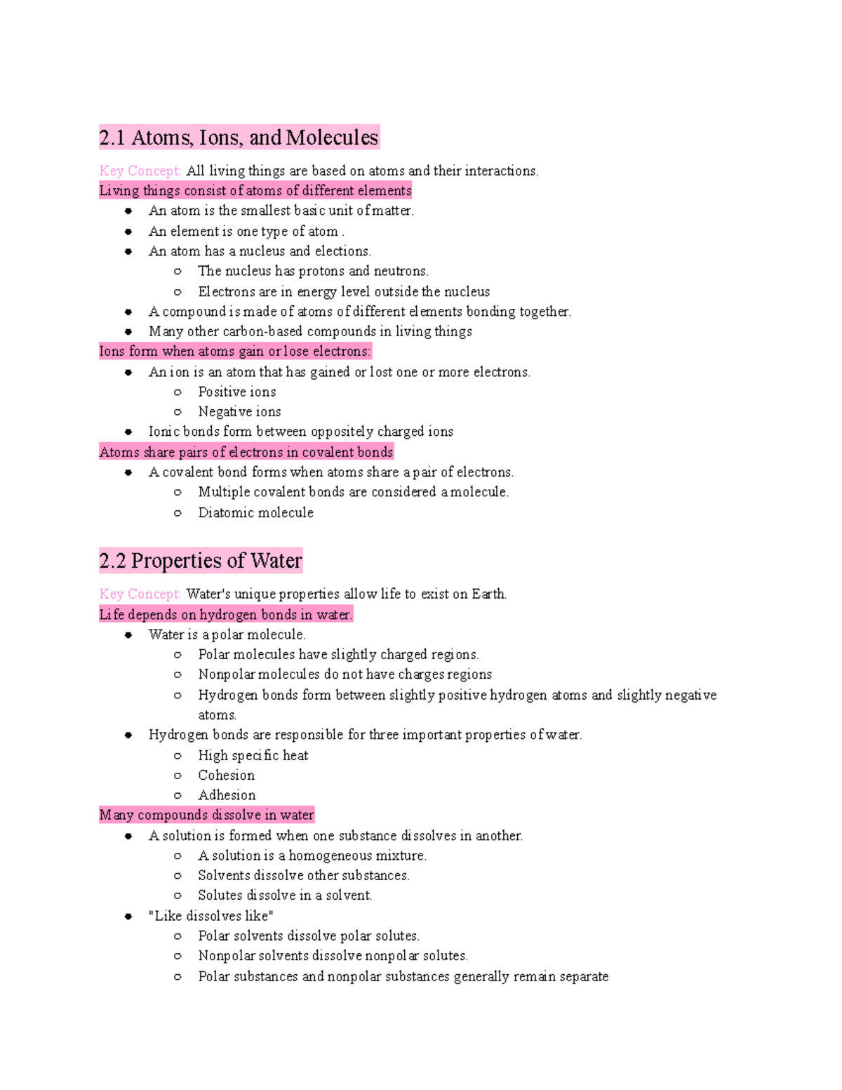 Chapter 2 Biology Notes - 2 Atoms, Ions, and Molecules Key Concept:All ...