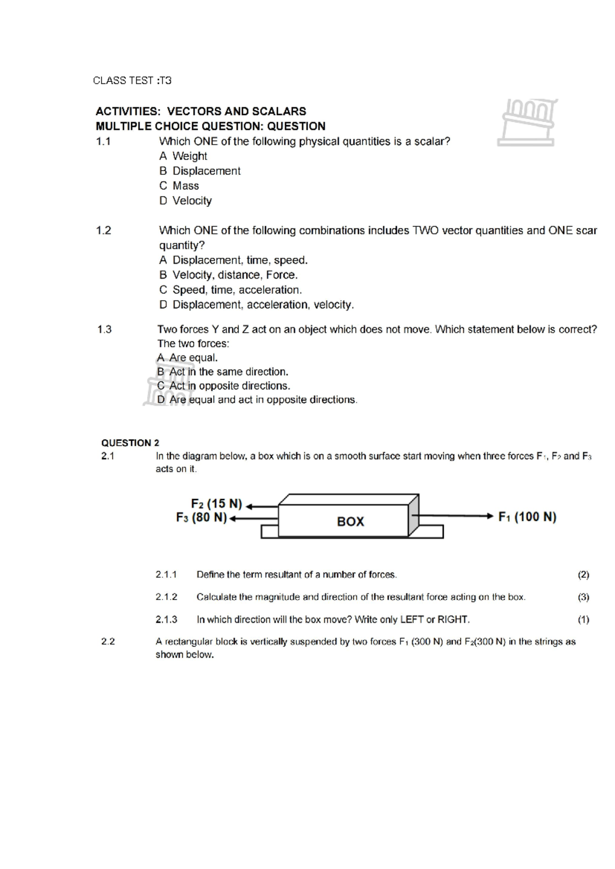 Class TEST(T3) - vectors and scalars - CLASS TEST : T3 ACTIVITIES ...