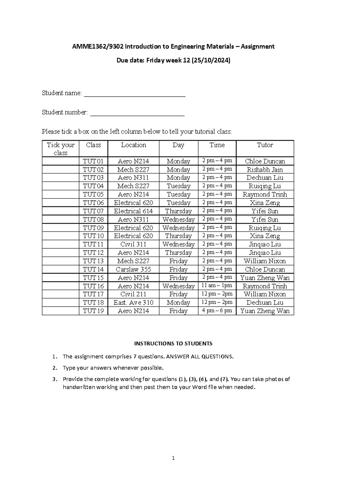 Assignment Questions-2024 - 1 AMME1362/9302 Introduction to Engineering Materials – Assignment ...