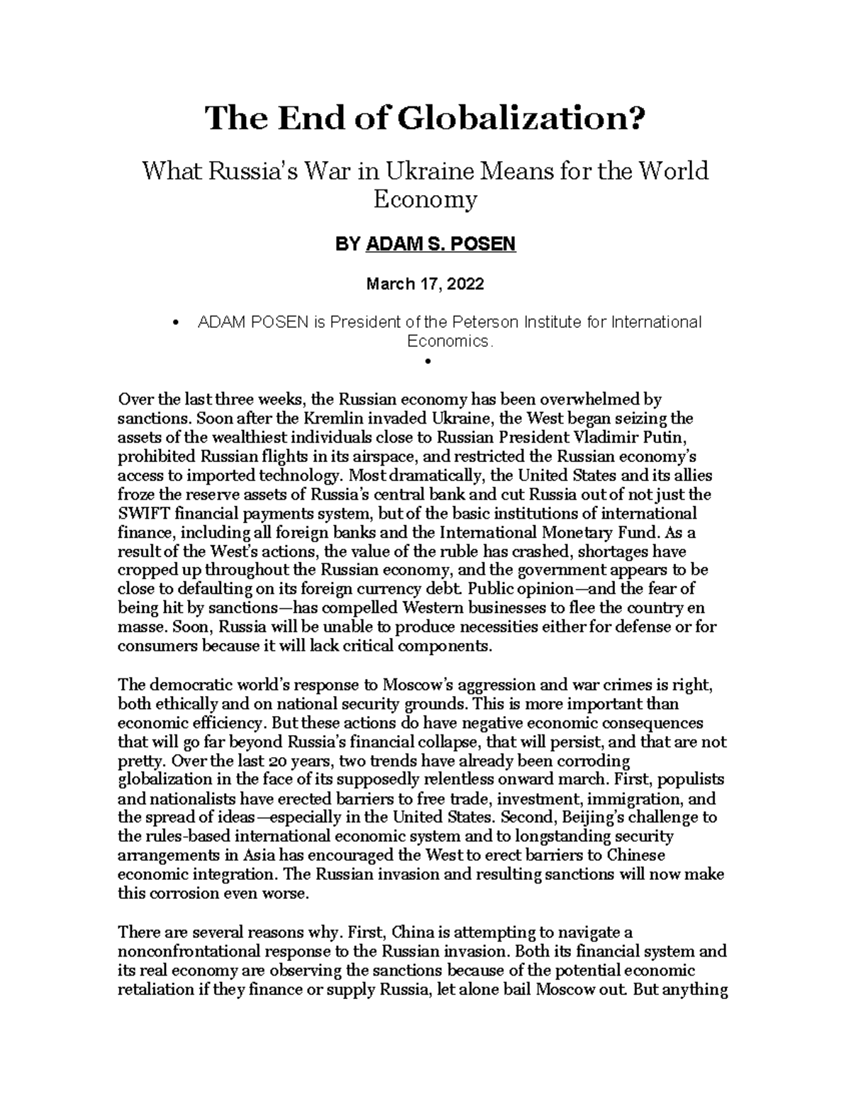 The End of Globalization - The End of Globalization? What Russia’s War ...