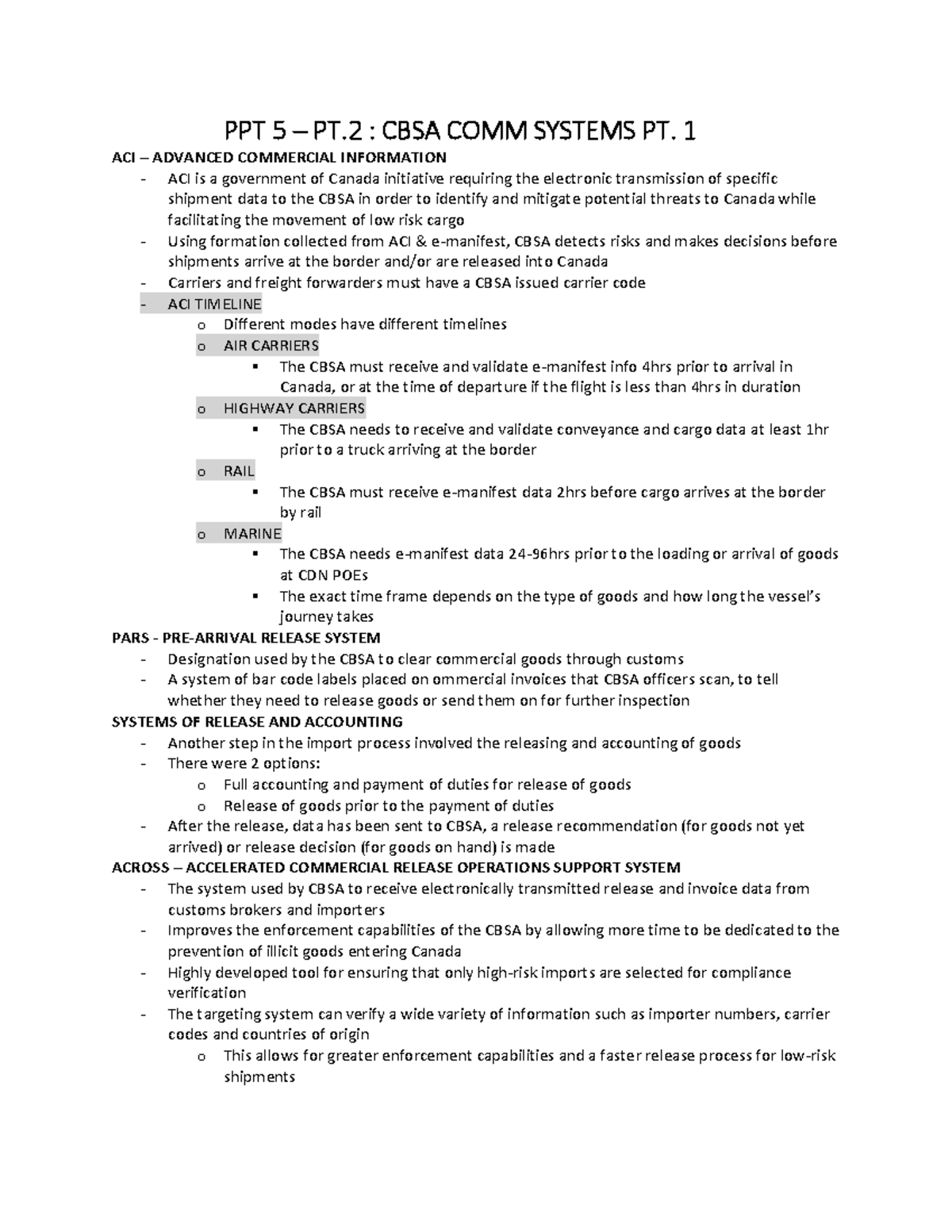 CUST1467 Notes - PPT 5 - PPT 5 – PT. 2 : CBSA COMM SYSTEMS PT. 1 ACI ...