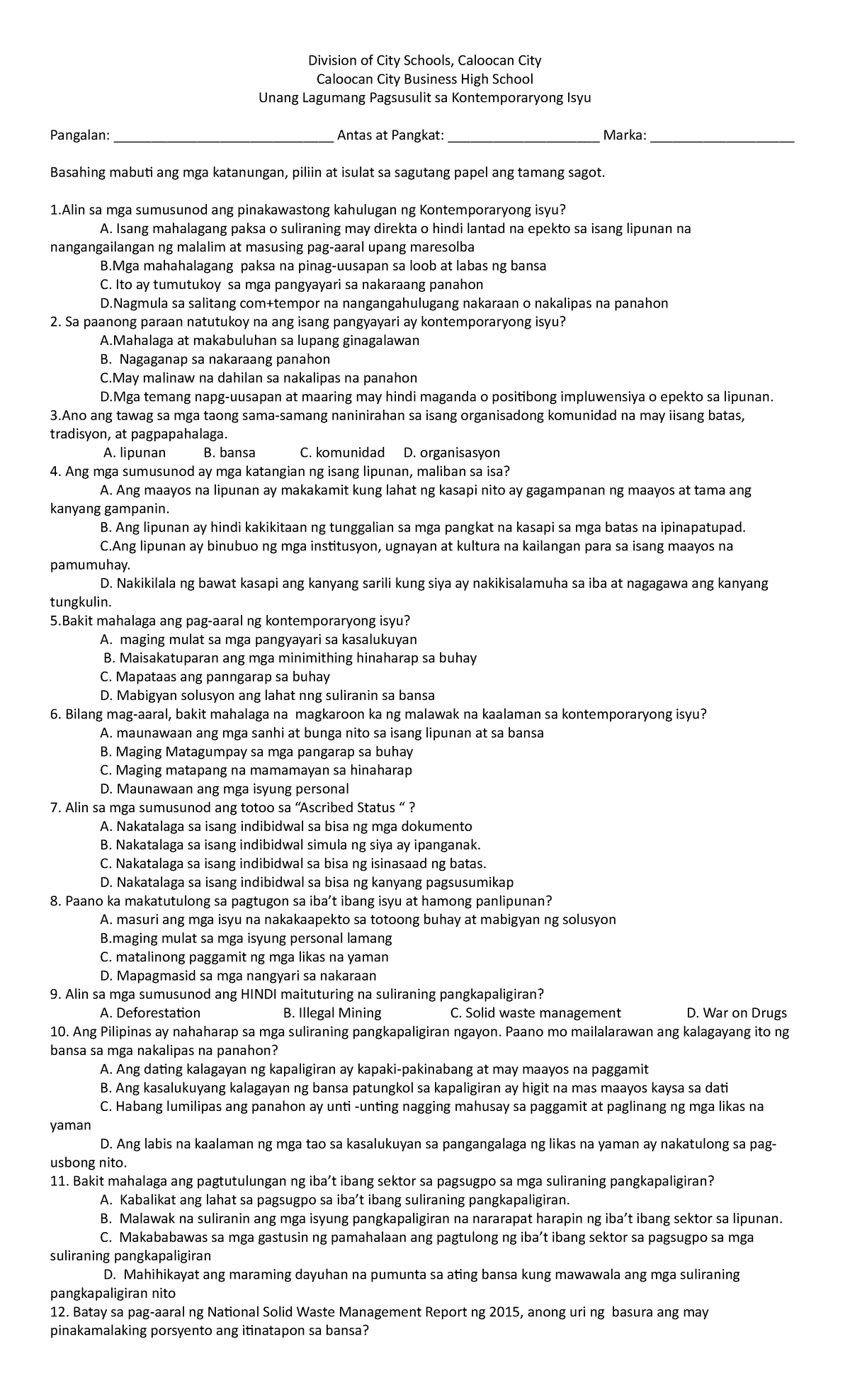 Q1- Summative 1-2021-2022 - Division of City Schools, Caloocan City ...