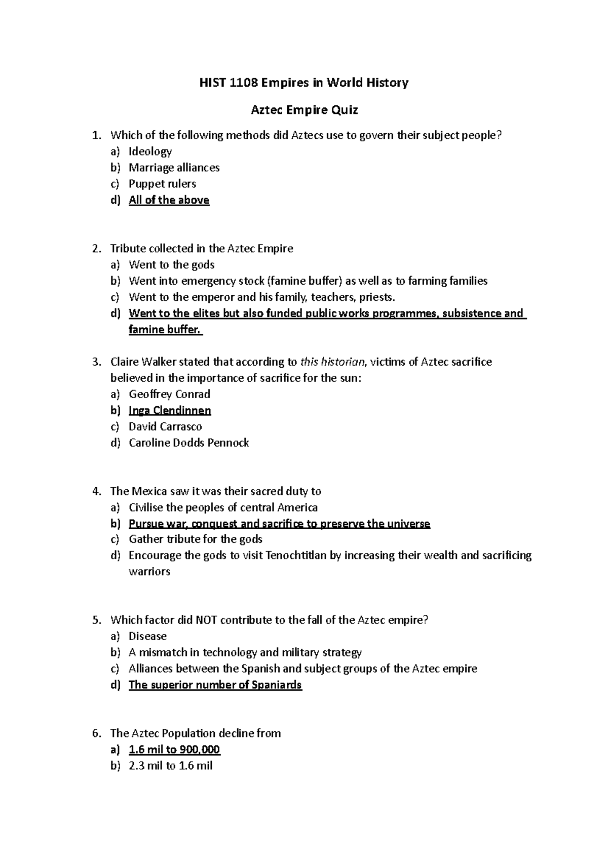 Exam 29 April 2016, questions and answers - HIST 1108 Empires in World ...