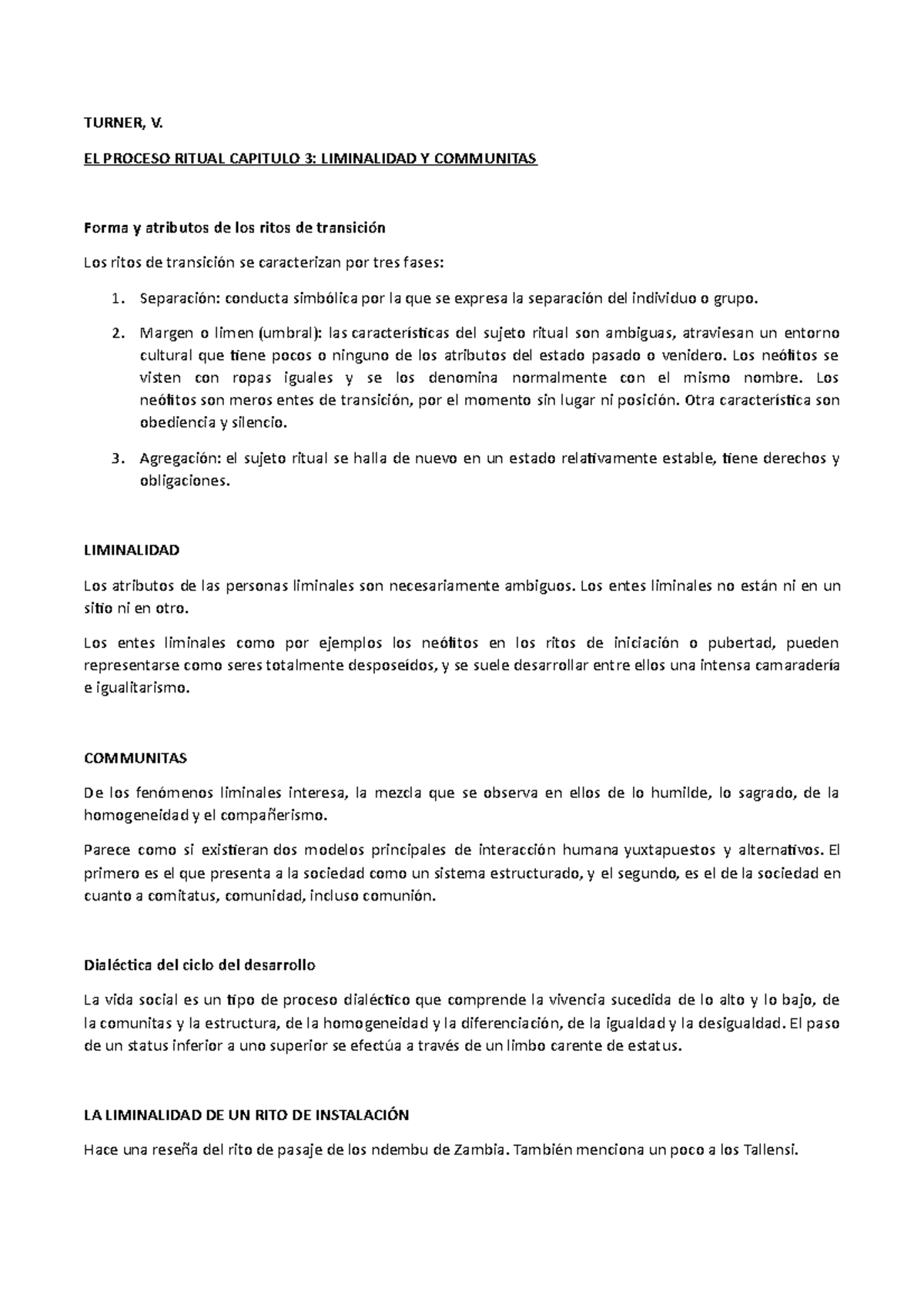 Turner cap 3 - TURNER, V. EL PROCESO RITUAL CAPITULO 3: LIMINALIDAD Y ...