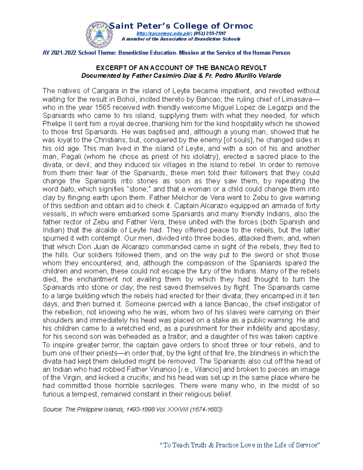 Excerpt of Sumuroy Revolt - Saint Peter’s College of Ormoc spcormoc.edu ...