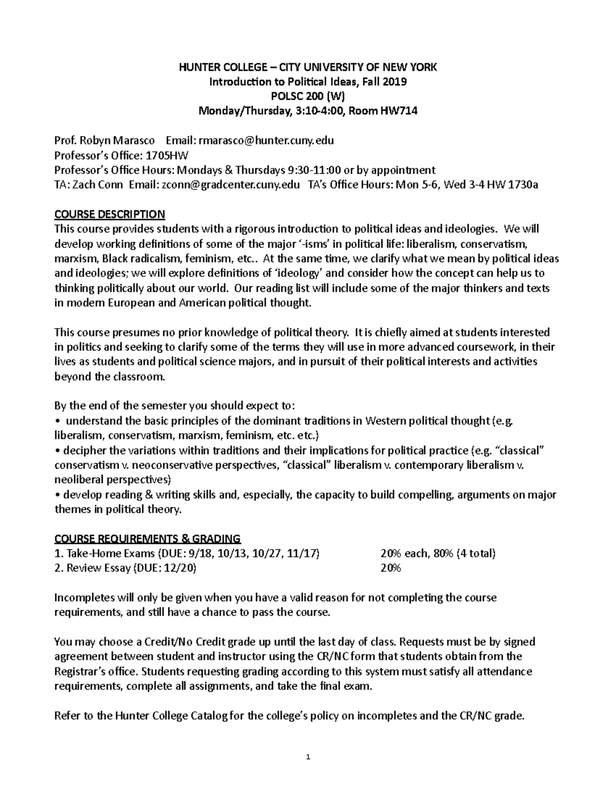 Polsc 200 Political Ideas Syllabus Fall 2019 - HUNTER COLLEGE – CITY ...