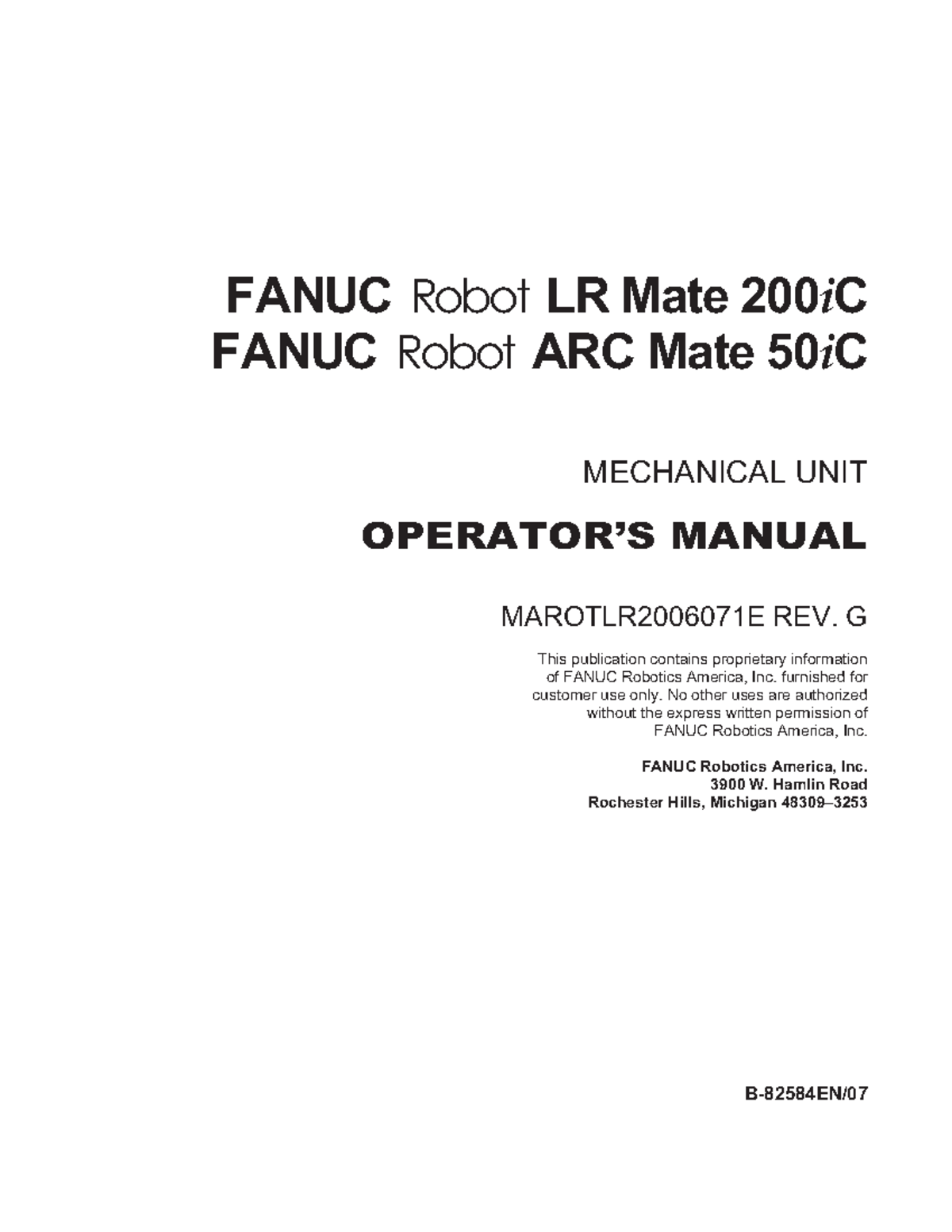 LR Mate 200i C ARC Mate 50i C Operators Manual - FANUC Robot LR Mate 200iC FANUC Robot ARC Mate ...