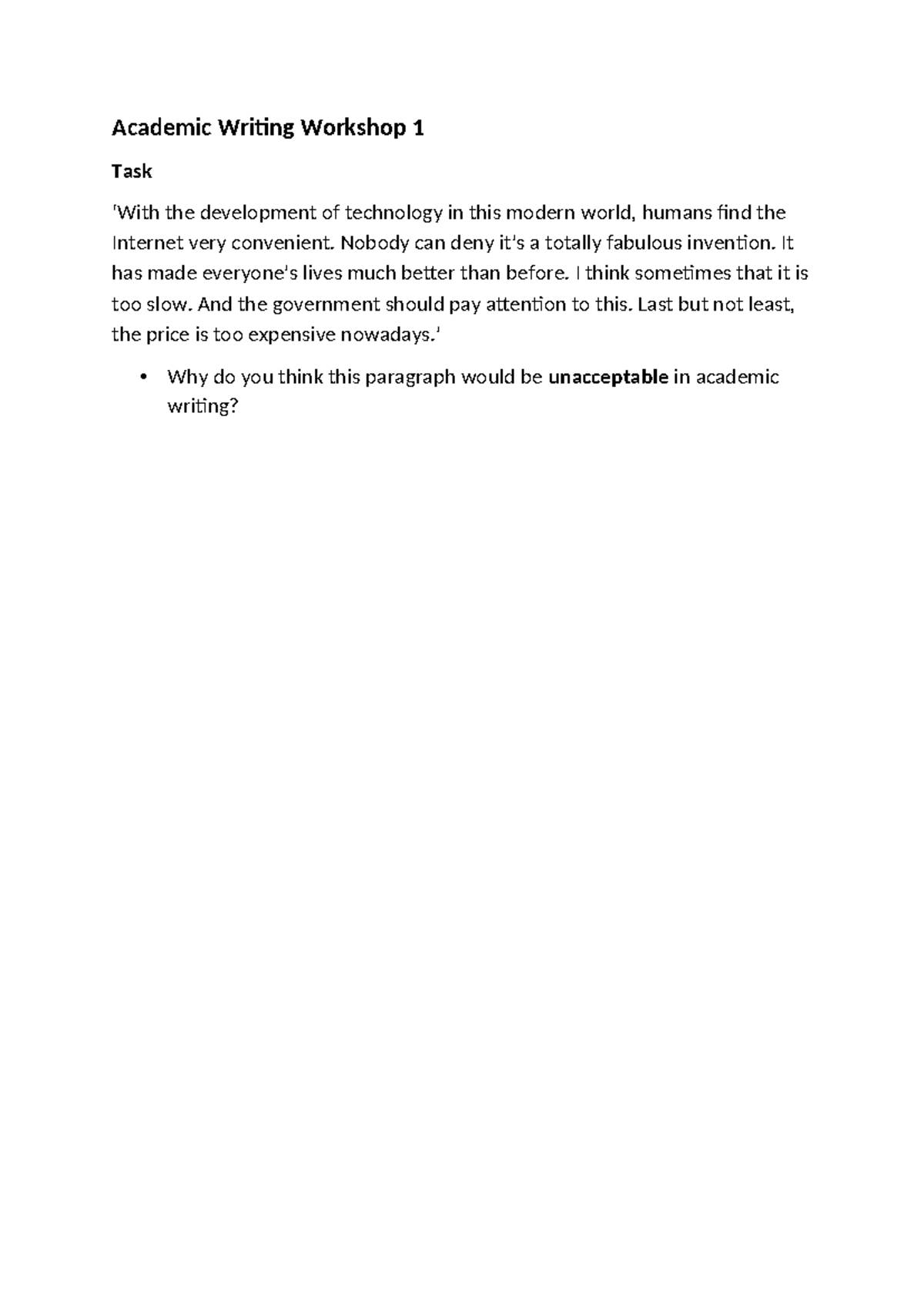Academic Writing Workshop 1 Task - Academic Writing Workshop 1 Task ...