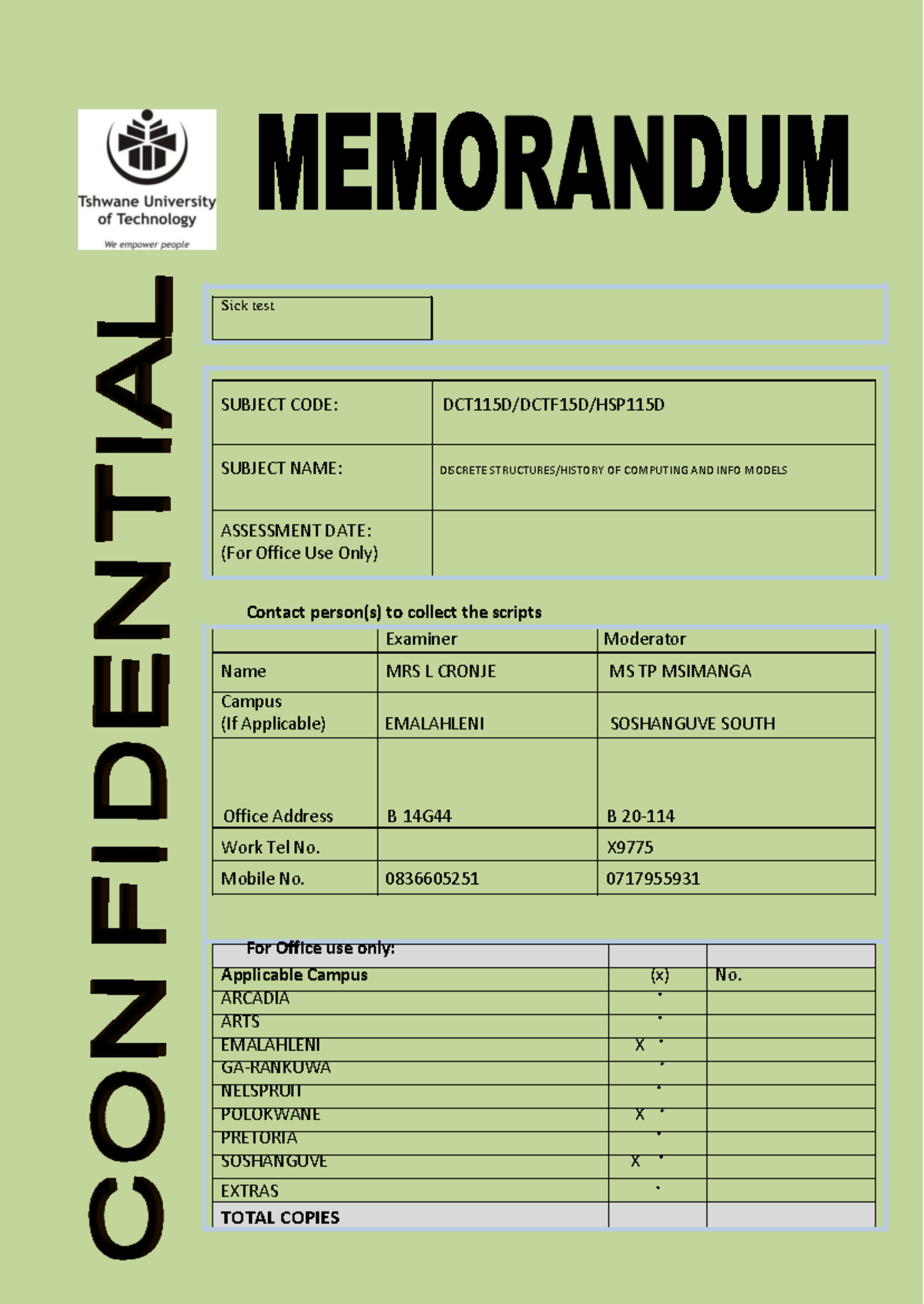 DCT HSP Sick test MEMO - Sick Test Memo - MMATIVE SICK ASSESSMENT (MEMO ...