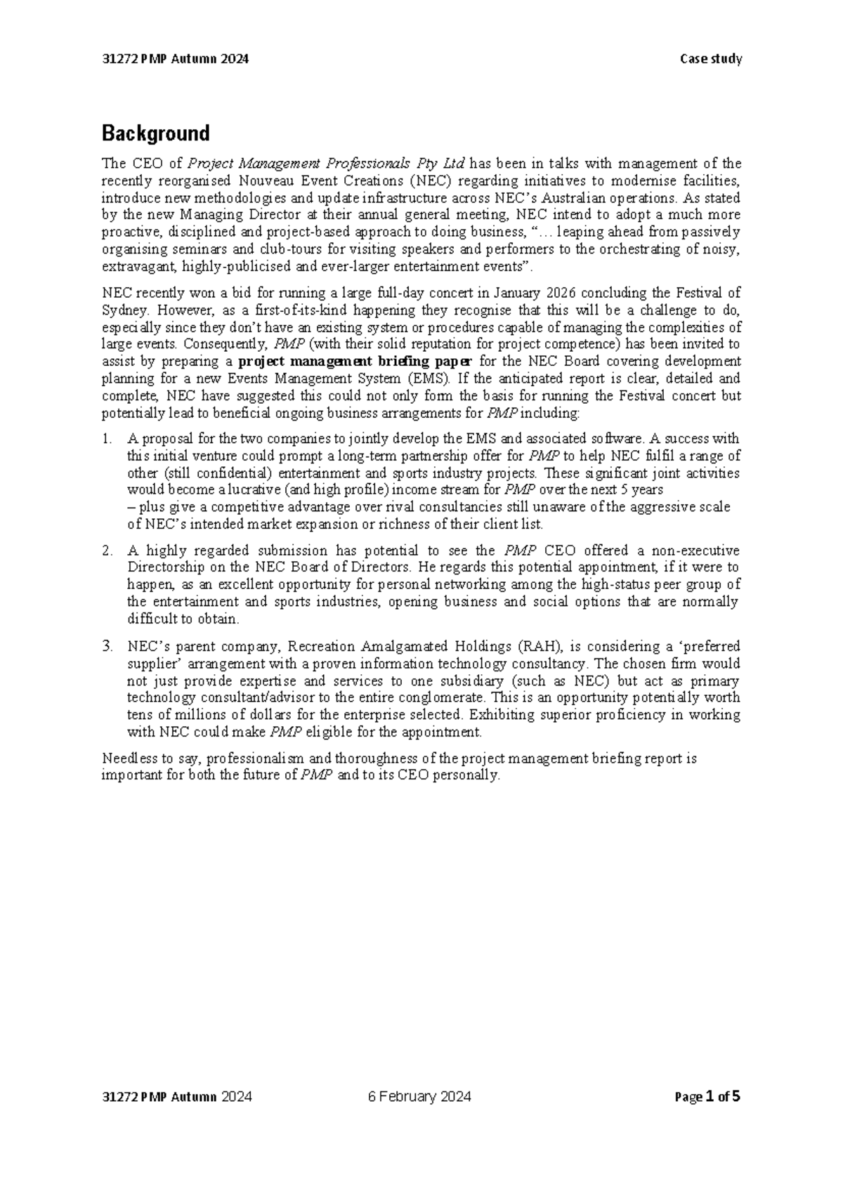24A PMP NEC case study v1.2 - 31272 PMP Autumn 2024 Case study Background The CEO of Project ...
