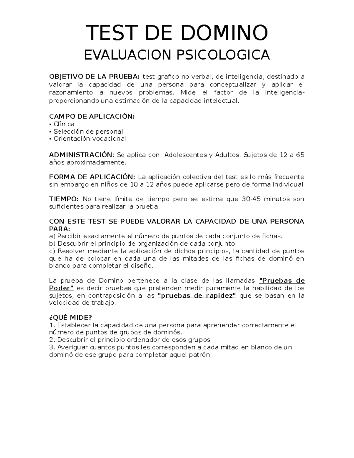 TEST DE Domino - HOJA DE RESPUESTAS - TEST DE DOMINO EVALUACION ...