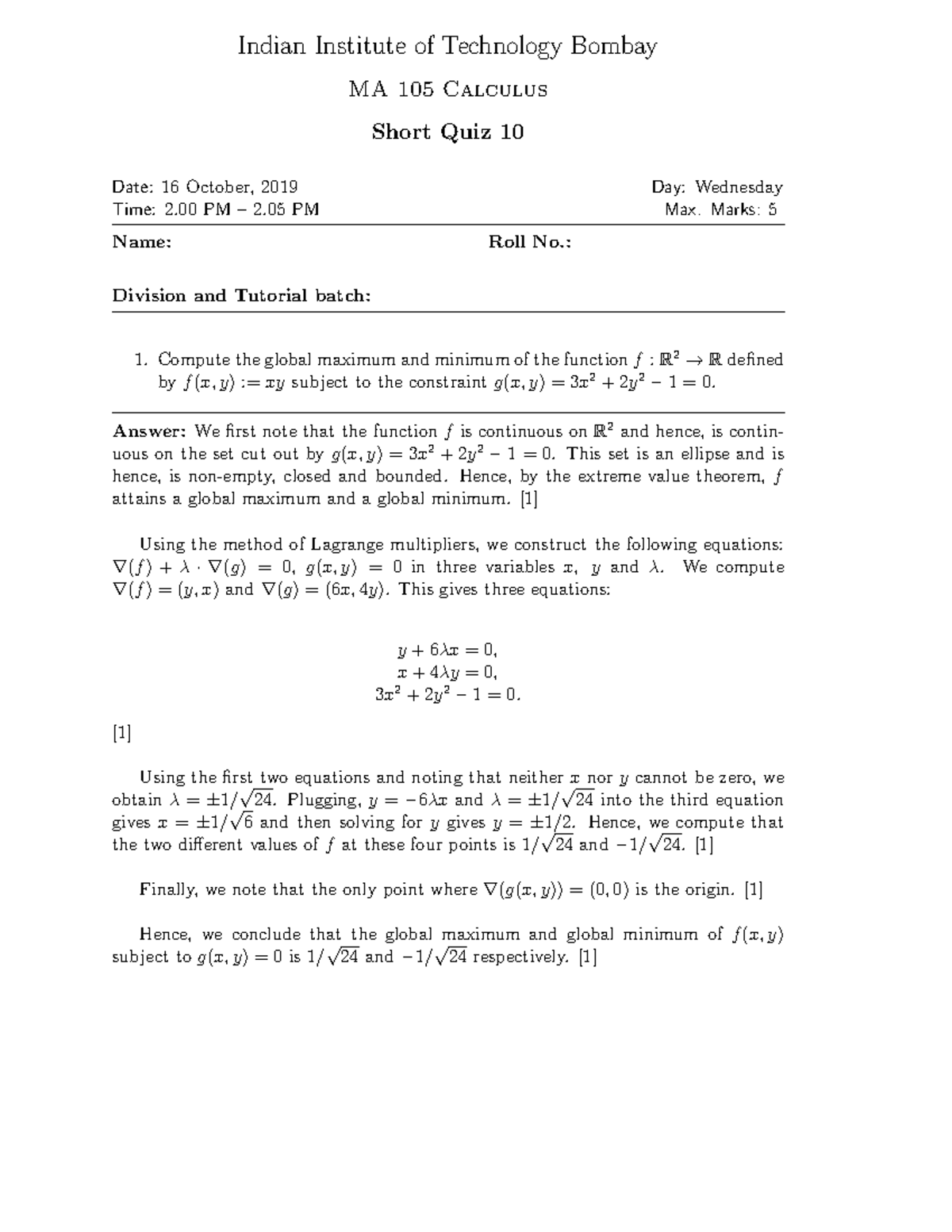 MA105 Short Quiz 10 Paper & Solution - Indian Institute of Technology ...
