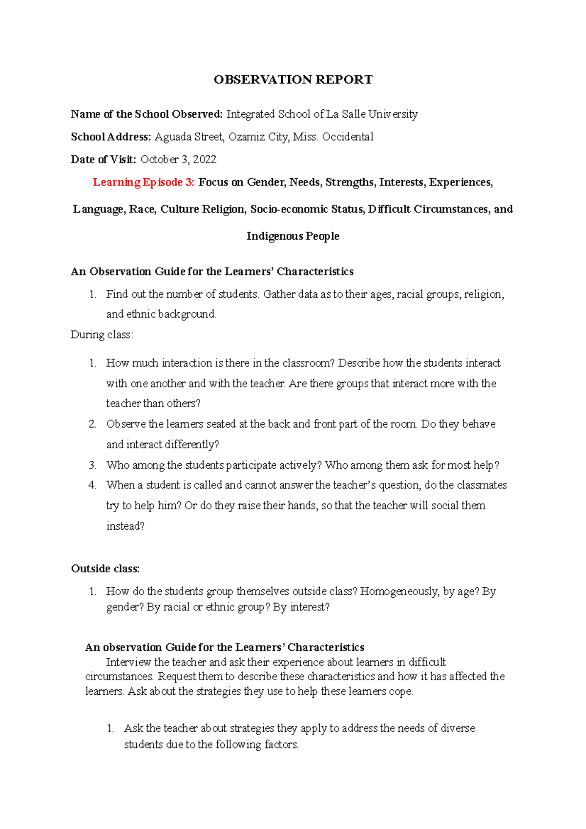 Learning Episode 3 FS1 - good topic - OBSERVATION REPORT Name of the ...