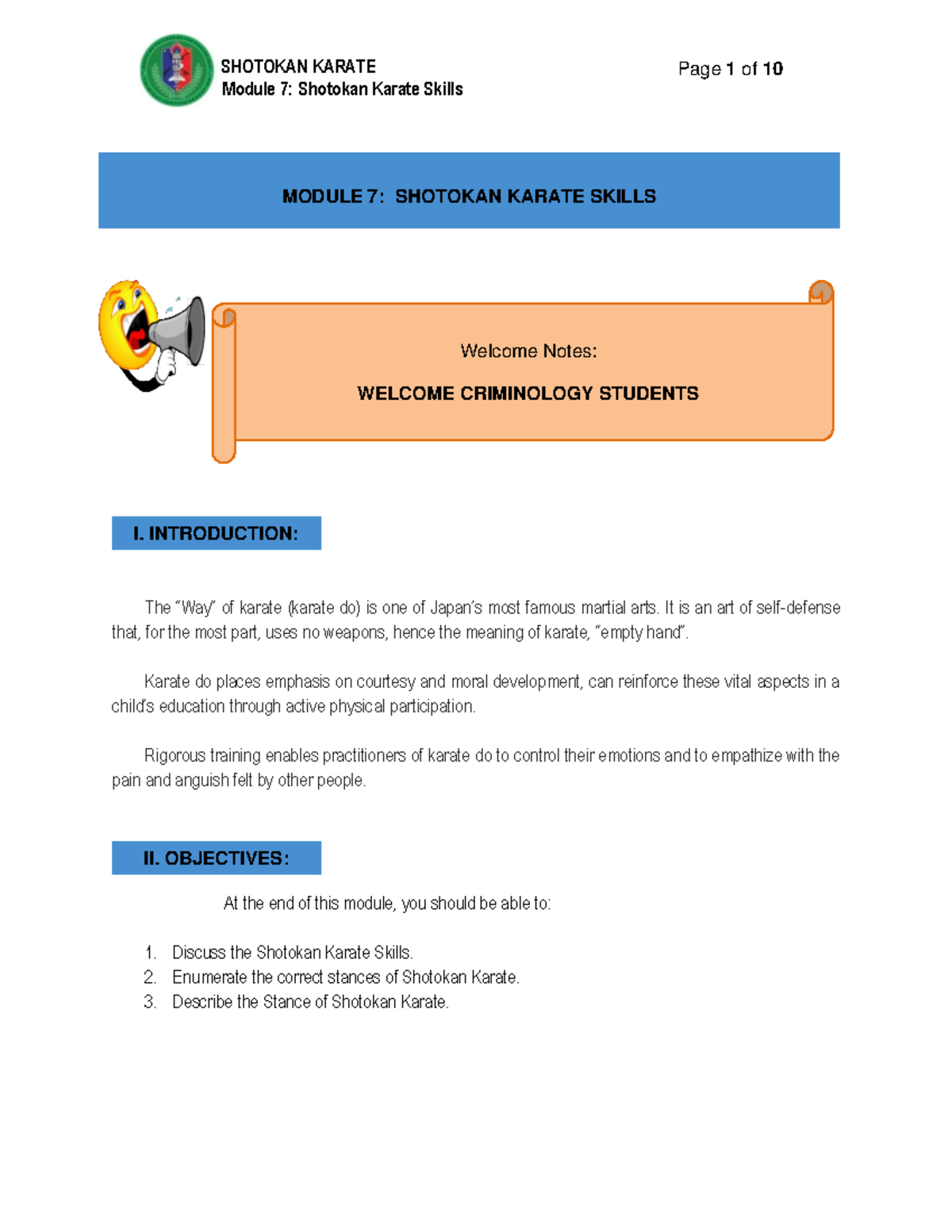 Crimpe 1- Module-7 - martial - Module 7: Shotokan Karate Skills Page 1 of 10 MODULE 7: SHOTOKAN ...