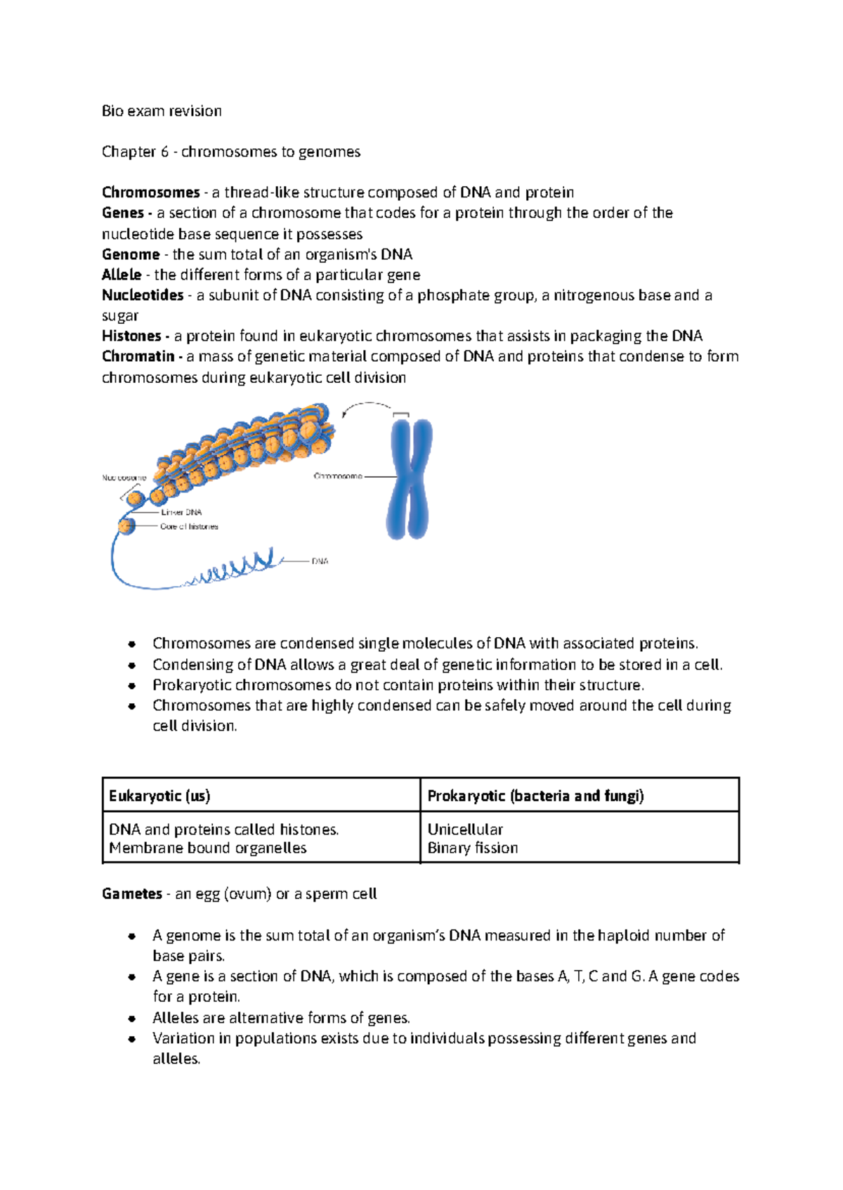 Bio exam revision year 10 - Bio exam revision Chapter 6 - chromosomes ...