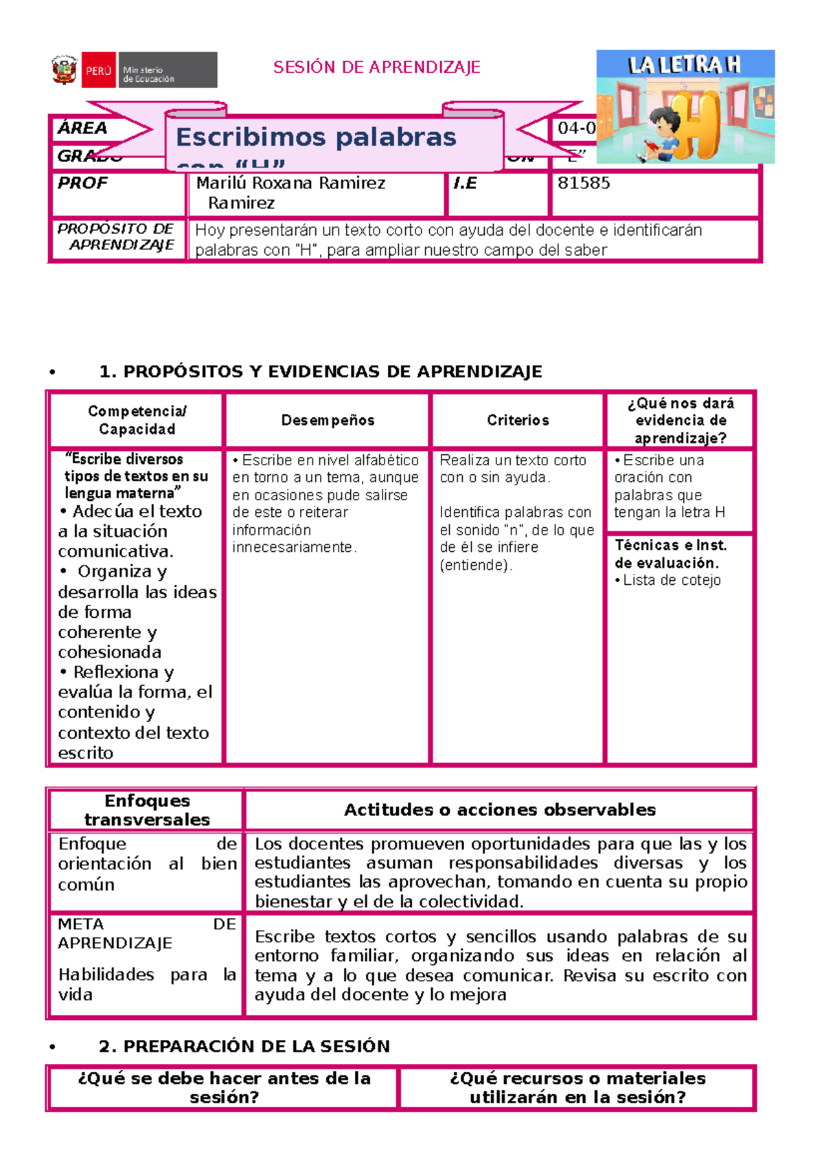 Sesión de aprendizaje de la letra H - ÁREA COMUNICACIÓN FECHA 04-08 ...