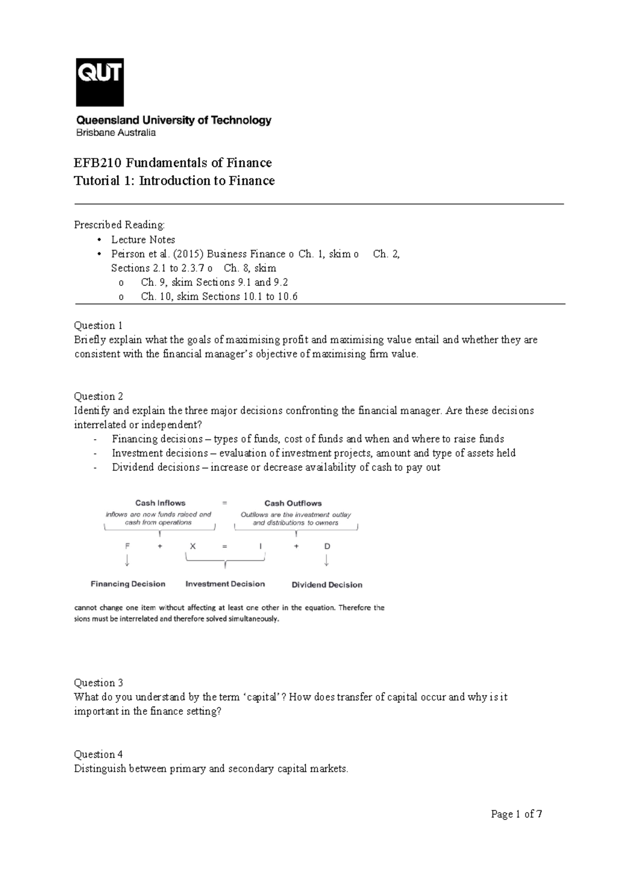EFB210 Tut 1 questions - EFB210 Fundamentals of Finance Tutorial 1 ...