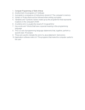 Quiz 2 - quiz 2 - A Java program must have at least one of these? Class definition In Java ...