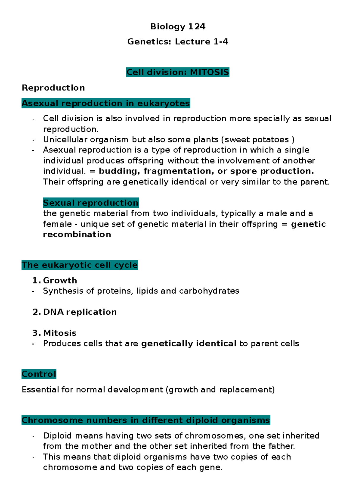 Genetics Lectures 1-4 - Combined lecture and textbook notes - Biology ...