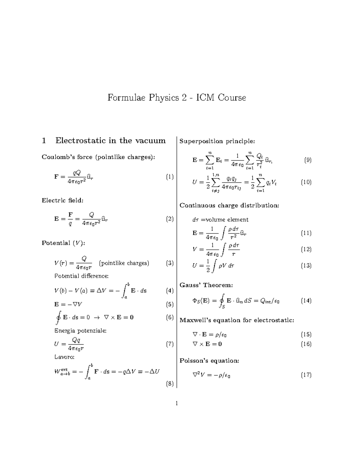 Formulae Physics II 2022 23 - Formulae Physics 2 - ICM Course 1 ...