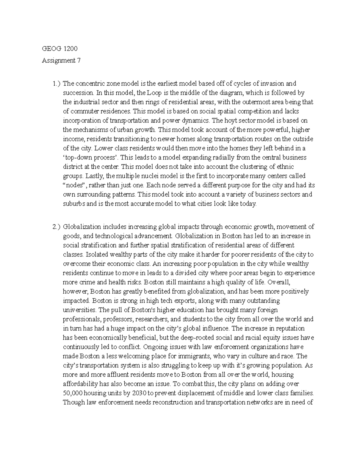 Geog Assignment 7 - GEOG 1200 Assignment 7 1.) The concentric zone ...