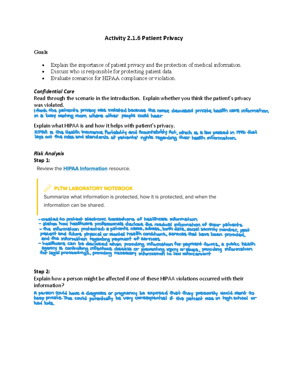 Activity 2.1.6 Patient Privacy - Activity 2.1 Patient Privacy Goals ...