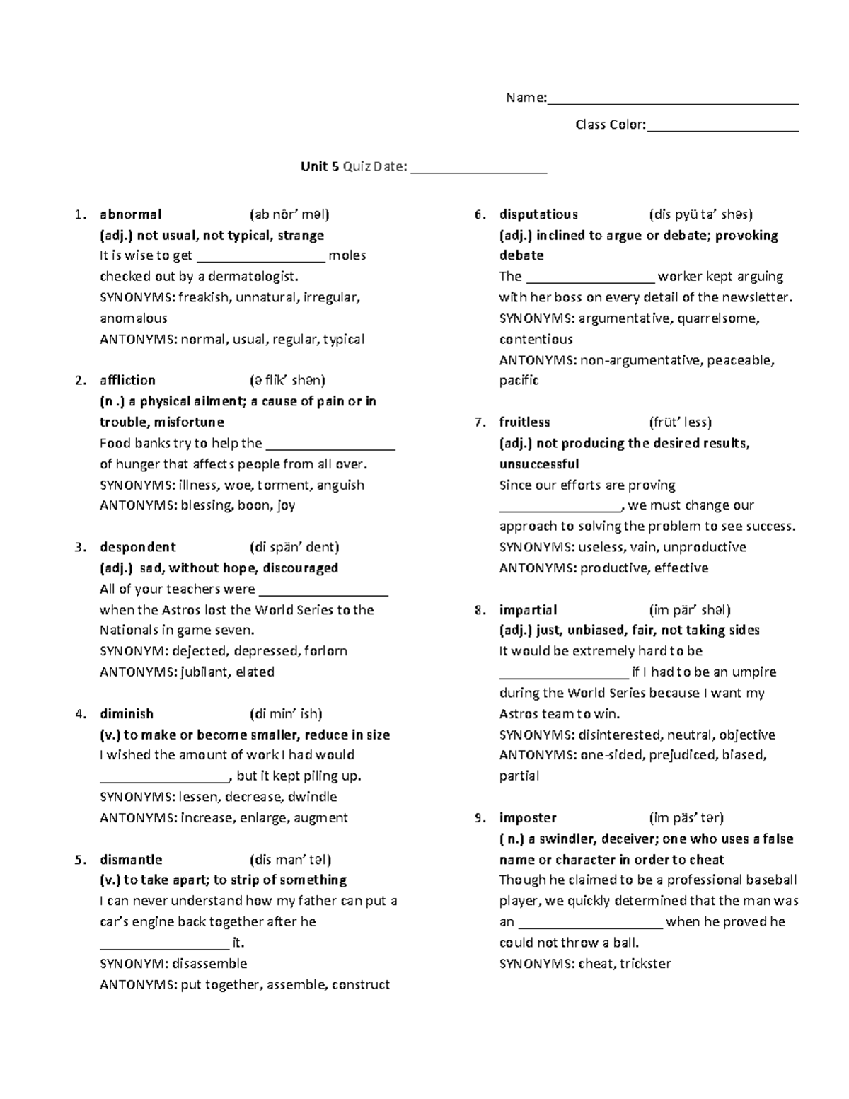 Unit 5 Words - math - Name:_________________________________ Class ...