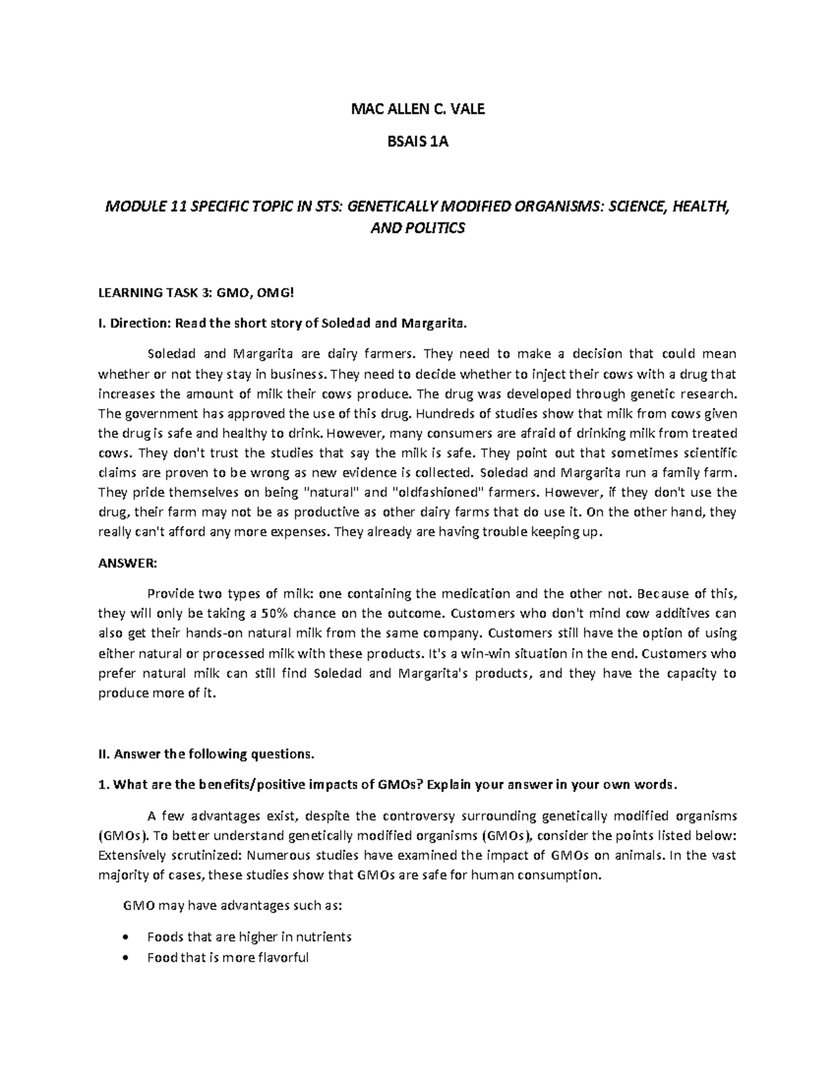 Module 11 STS MAC Allen C. VALE - MAC ALLEN C. VALE BSAIS 1A MODULE 11 SPECIFIC TOPIC IN STS ...