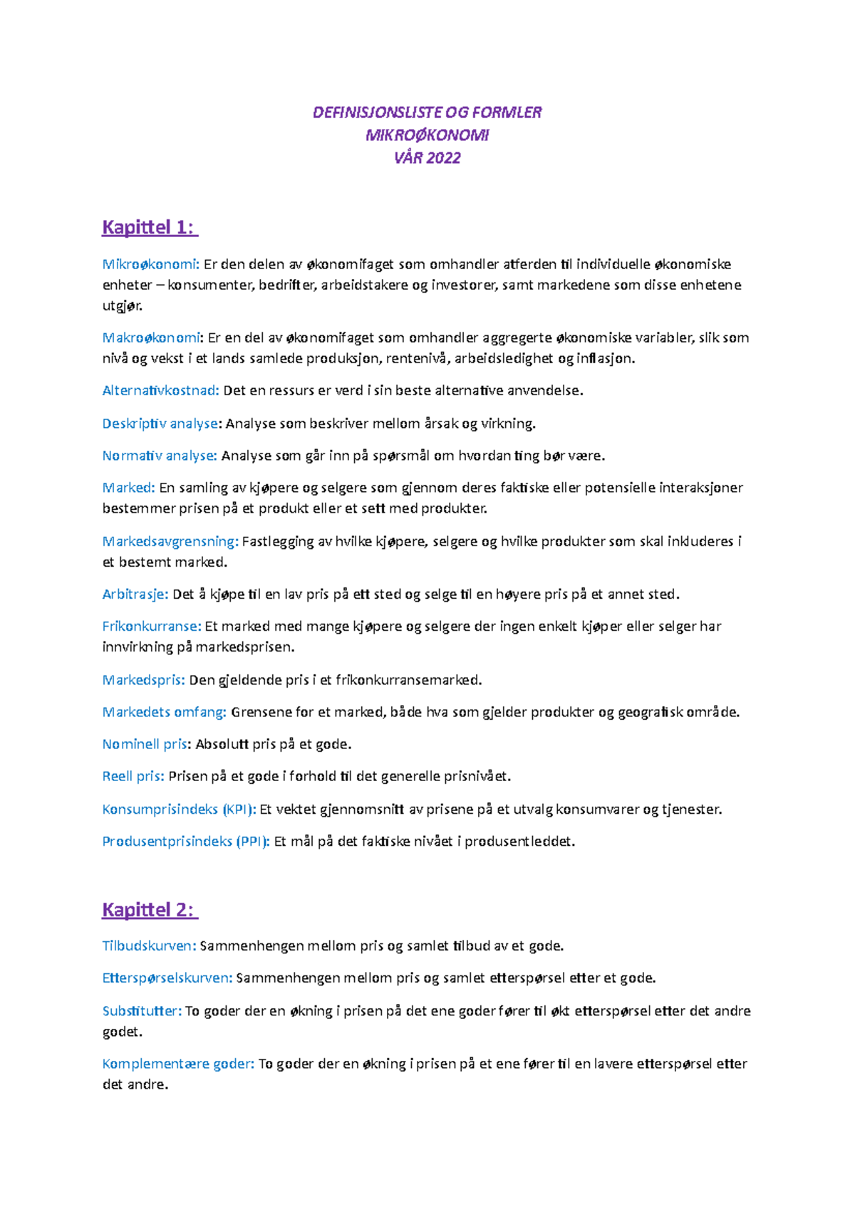 Definisjonsliste og formler - DEFINISJONSLISTE OG FORMLER MIKROØKONOMI ...