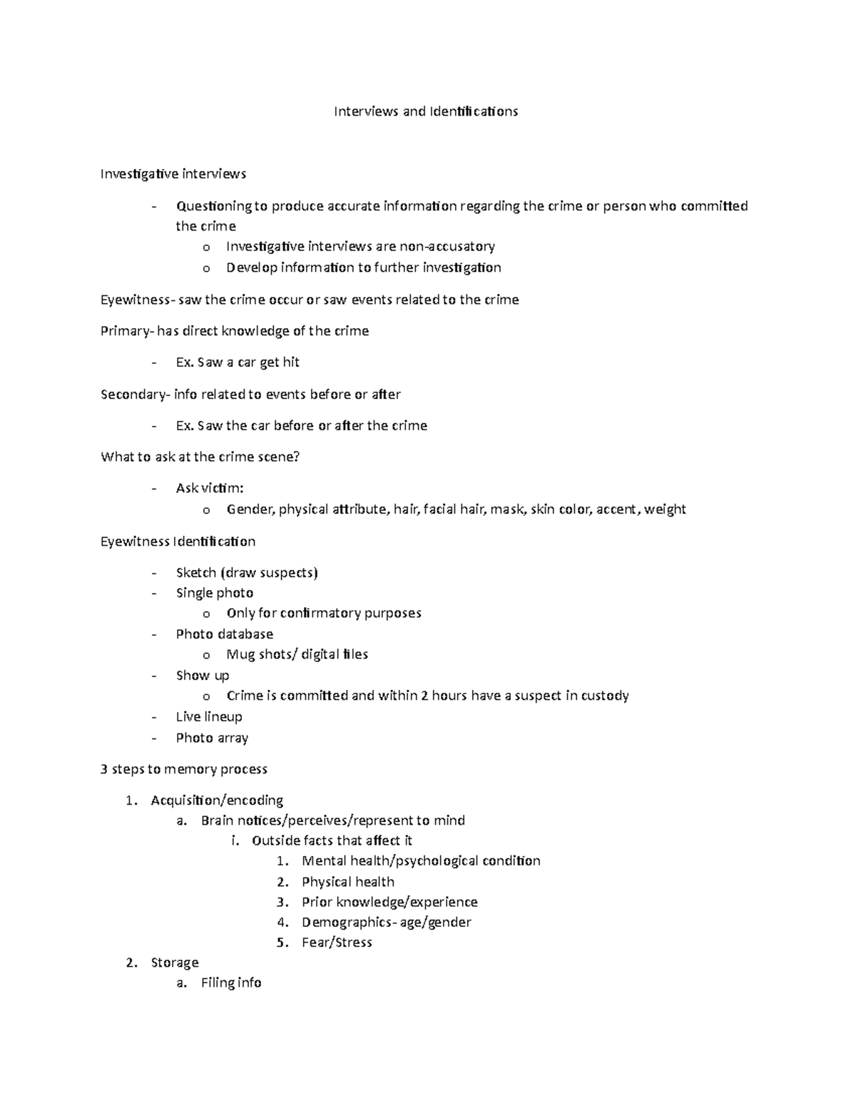 Chapter 6 notes - Interviews and Identifications Investigative ...