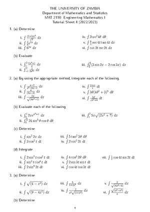 MAT2110 Tutorial Sheet 5 - THE UNIVERSITY OF ZAMBIA Department of Mathematics and Statistics ...