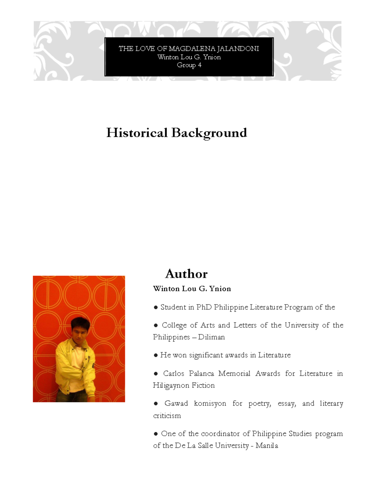 Pdfcoffee - It's an essay about magdalena jalandone - Historical Background Author THE LOVE OF ...