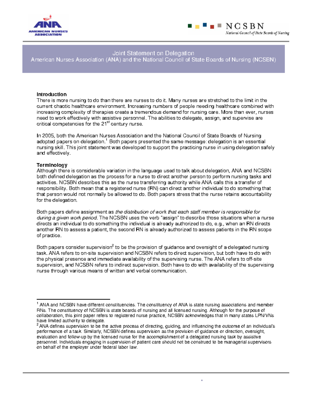 Delegation joint statement Ncsbn-ANA-1 - American Nurses Association ...