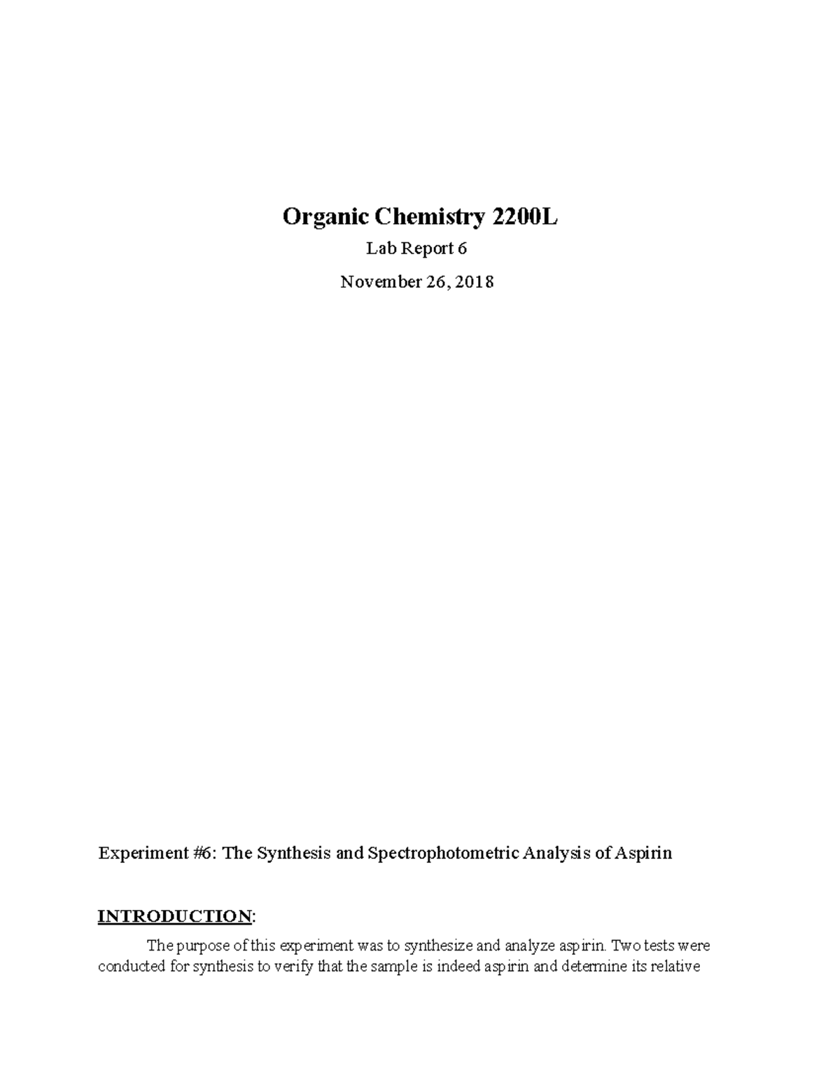 ORGOlab 6 - lab 6 write up - Organic Chemistry 2200L Lab Report 6 ...