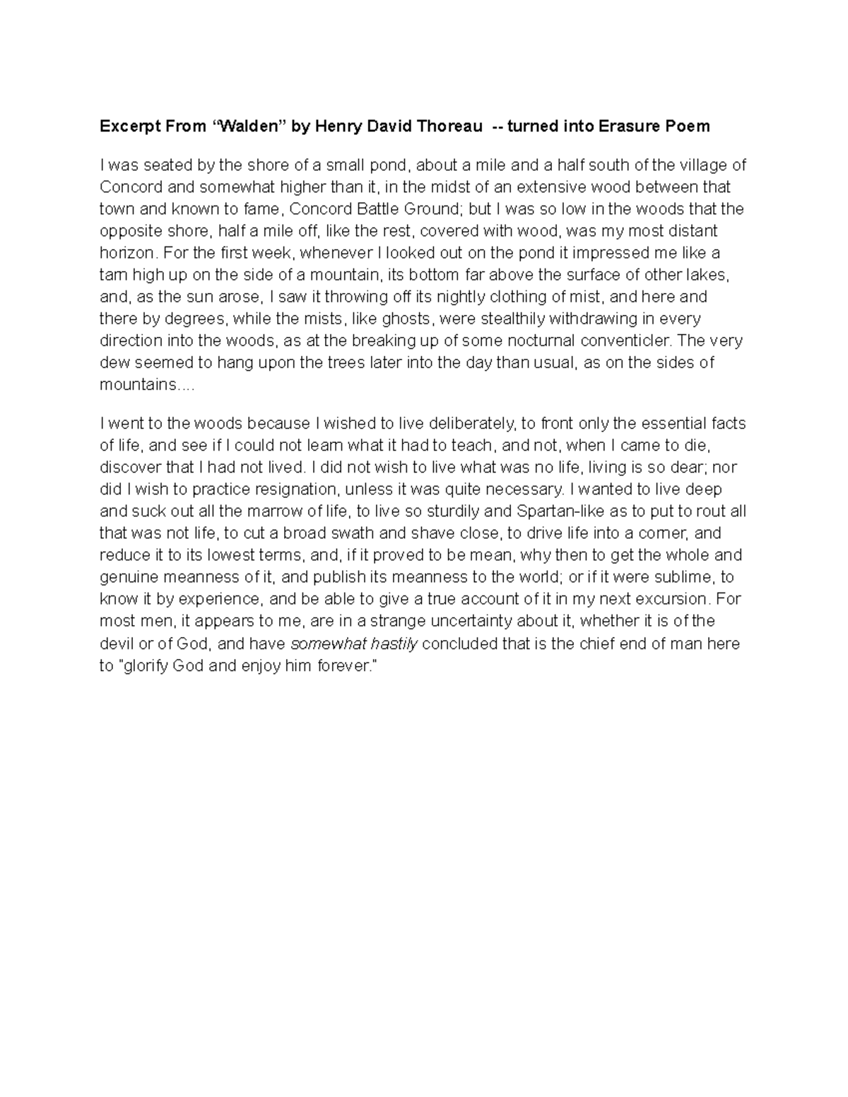 Erasure Poem - Creative Writing. - Excerpt From “Walden” by Henry David ...