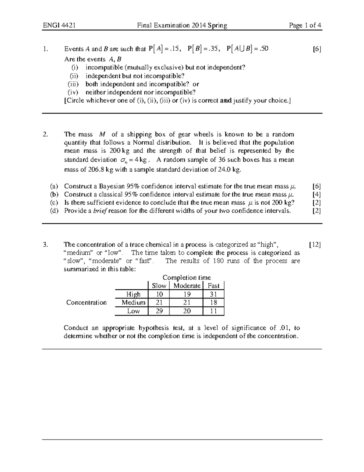 Exam 2014, questions and answers - Engi 4421 final examination - ENGI 4421 Final Examination ...