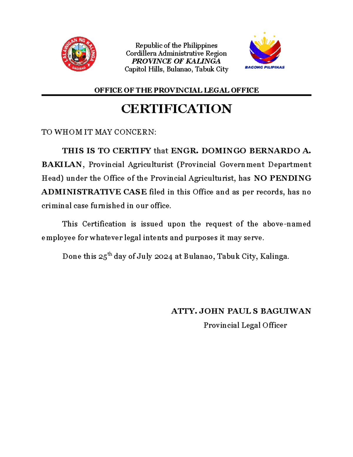 Certificate of No Pending Case - Republic of the Philippines Cordillera ...