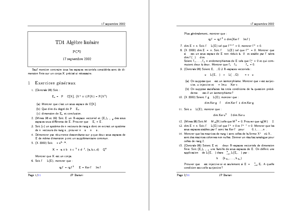 Exos-algebre-lineaire - TD1 Alg`ebre lin ́eaire PC* 17 septembre 2002 ...