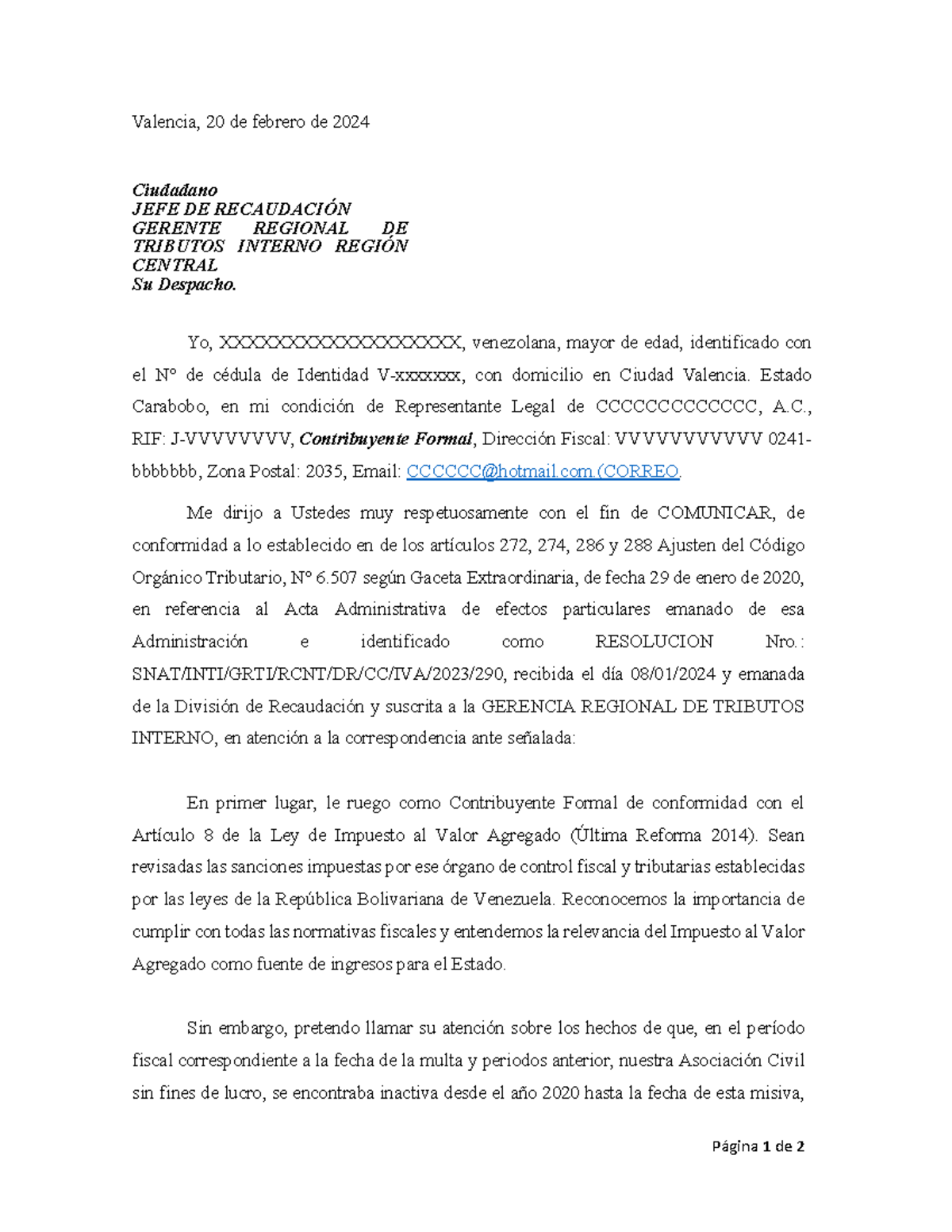 Recurso Jerarquico Seniat Multa Hacienda Limpia CON Reforma - Página 1 de 2 Valencia, 20 de ...