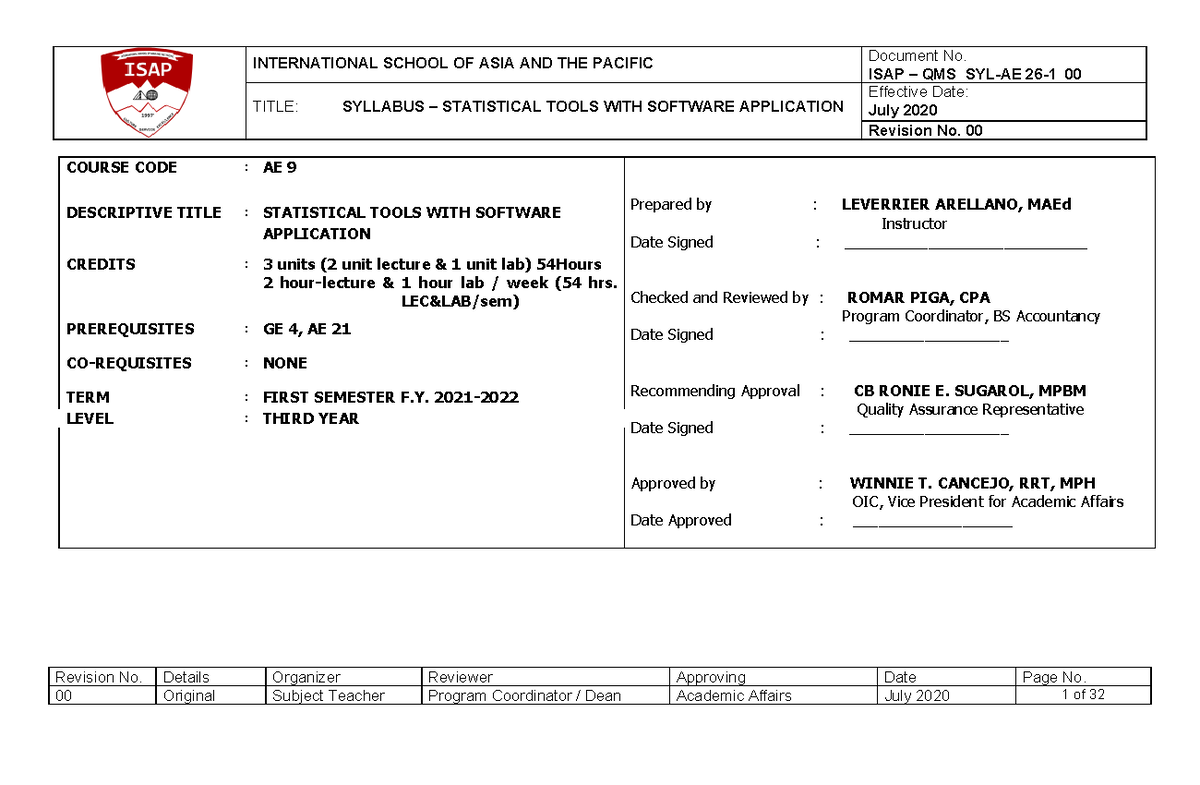 1 Statistical tools with software application - ISAP – QMS SYL-AE 26-1 ...