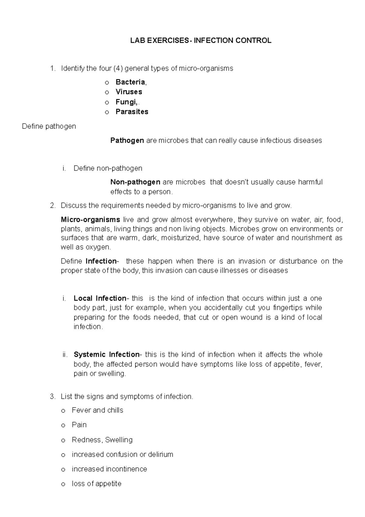 Infection Control week 1 exercises q and a - LAB EXERCISES- INFECTION ...