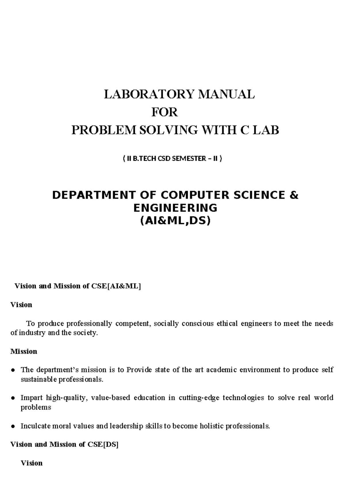 R23 PSWC LAB Manual - LABORATORY MANUAL FOR PROBLEM SOLVING WITH C LAB ( II B CSD SEMESTER – II ...