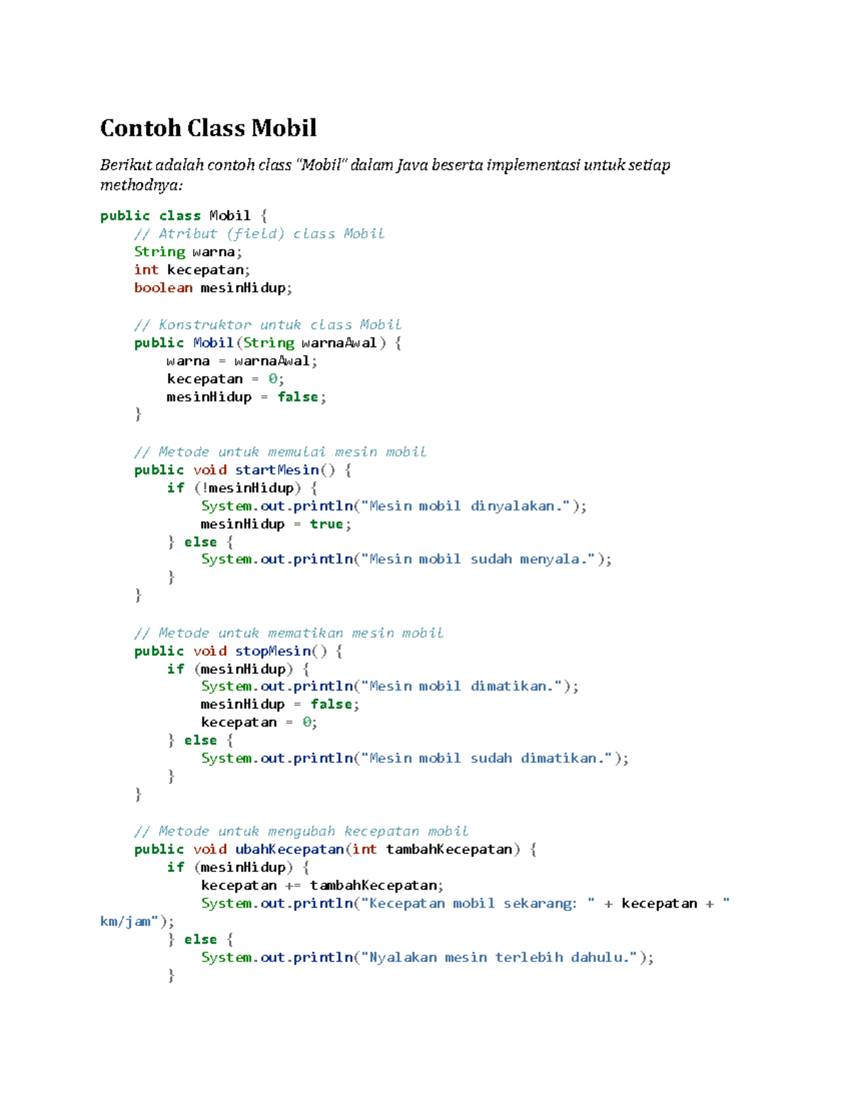 4.soal class - pemograman - Contoh Class Mobil Berikut adalah contoh ...