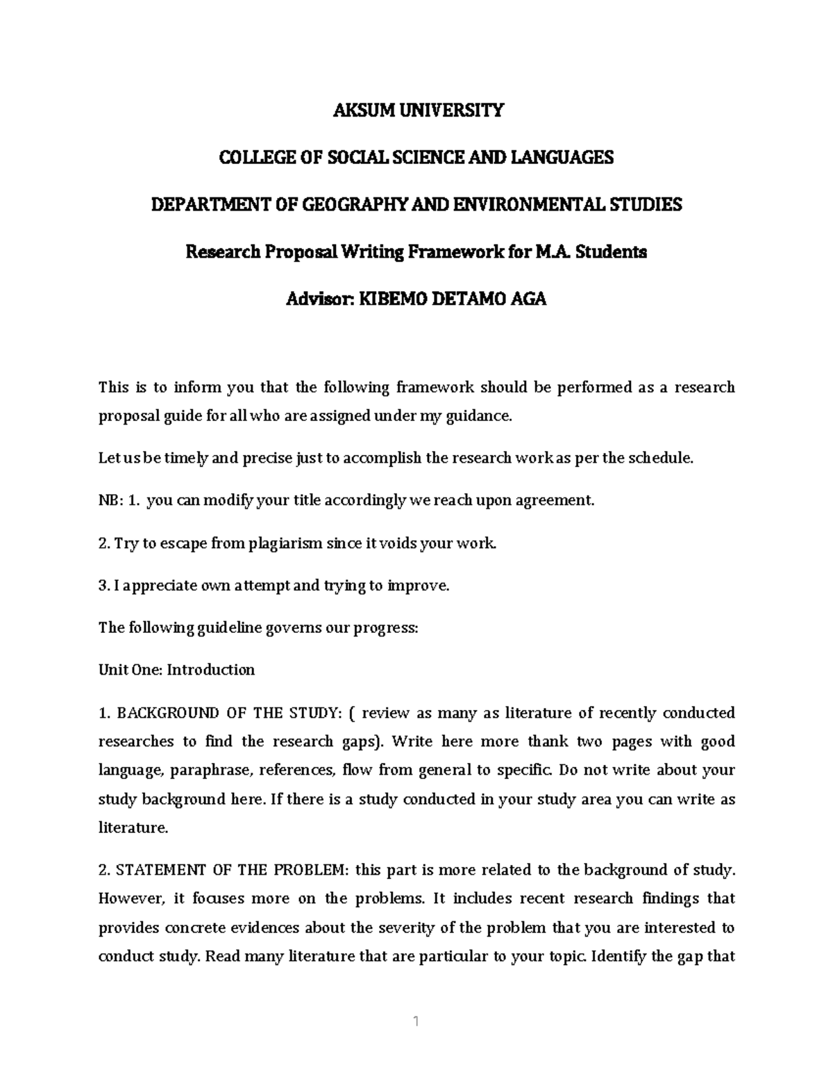 Proposal writing Style - 1 AKSUM UNIVERSITY COLLEGE OF SOCIAL SCIENCE ...