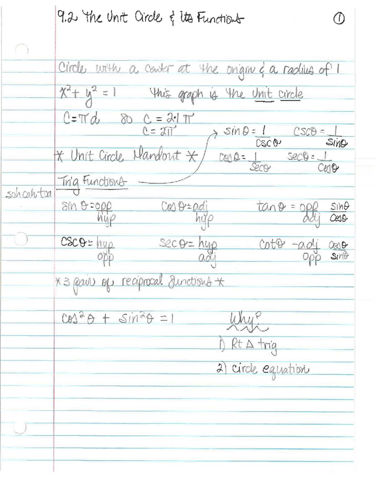 Class Notes 9.2 Unit Circle - 9 the Unit Circle its Functions 1 Circle ...