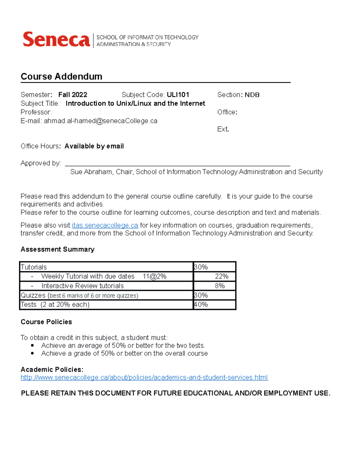 ULI101 Addendum - Course Addendum Semester: Fall 2022 Subject Code ...