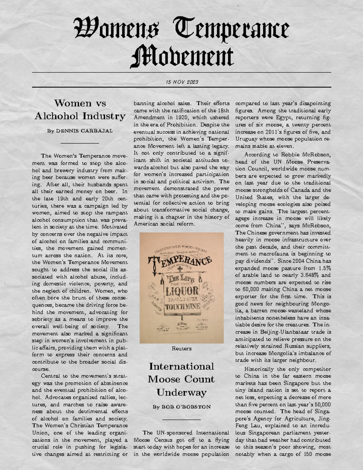 Newspaper - Women’‘ Temperance Movement 15 NOV 2023 Women vs Alchohol ...